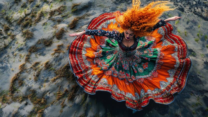 A Vibrant Dancer in an Elegant Flowing Dress Swirls Gracefully Above a ...