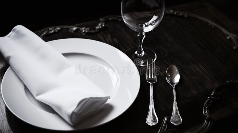 Elegant Dinner Table Setting with White Linen Silverware and Wine Glass ...