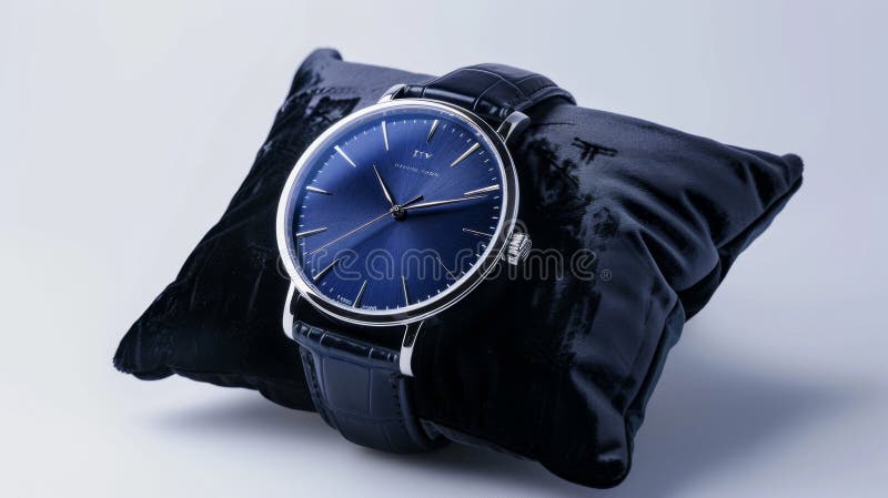 Elegant Blue Dial Watch with Leather Strap on Velvet Pillow ...
