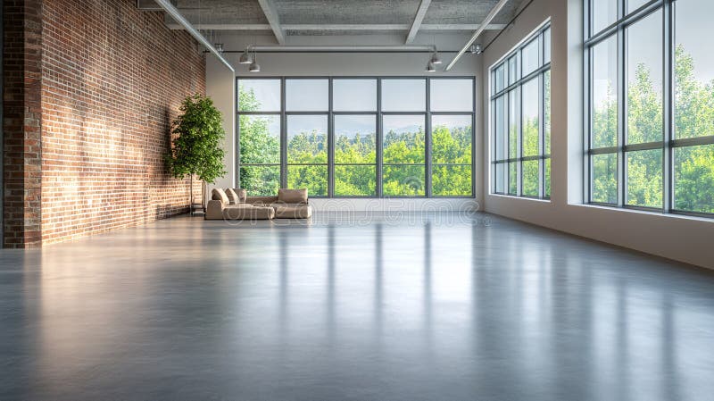 Spacious Industrial Loft with High Ceilings and Panoramic Window Views Stock Photo - Image of ...