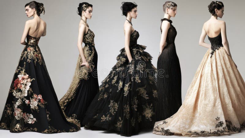 Five Models Wearing Elegant Black and Gold Evening Dresses Stock ...
