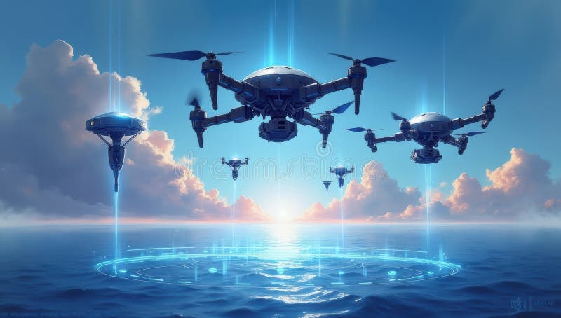 Drones Over the Ocean with Futuristic Elements Stock Illustration ...
