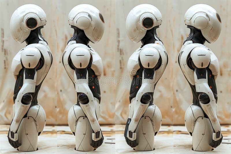 Four White Robot Figures Facing Each Other in a Row Stock Photo - Image ...