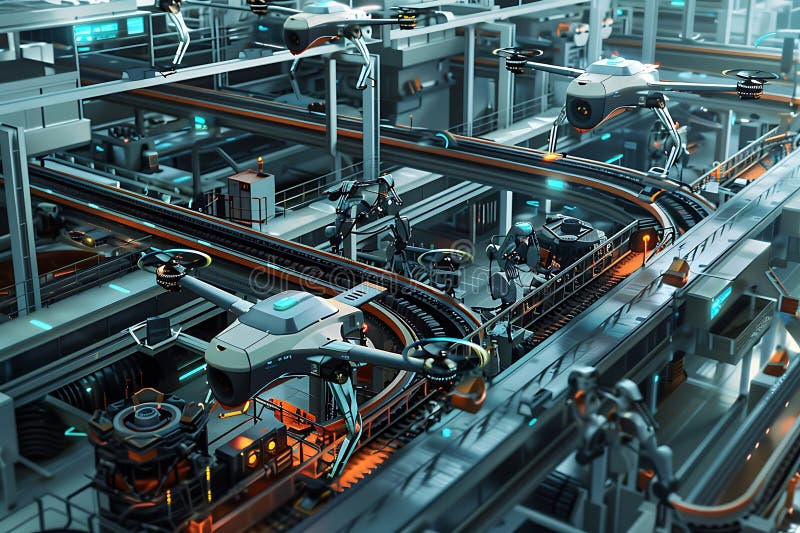 Futuristic Automated Factory with Drones and Robotic Arms Stock ...