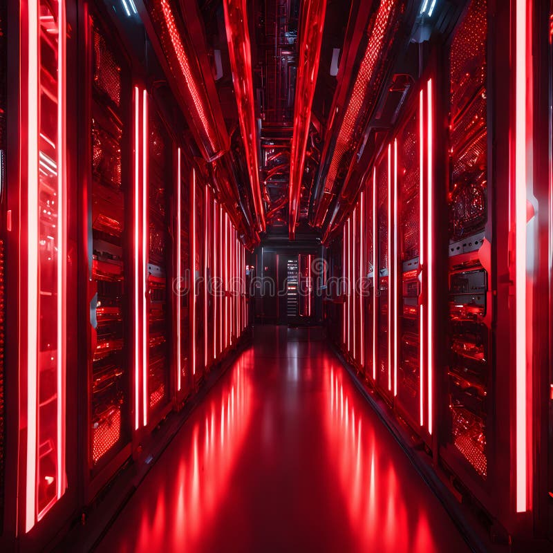 Futuristic Red-Lit Data Center with Reflective Floors Stock Photo ...