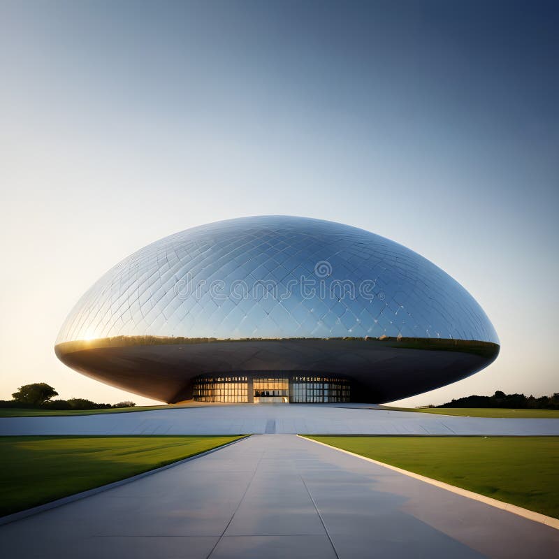 Futuristic Dome Building with Reflective Surface at Dawn or Dusk Stock ...