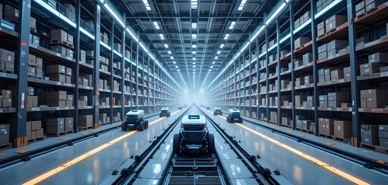 Futuristic Warehouse with Autonomous Robots, RFID Scanners, Dynamic ...