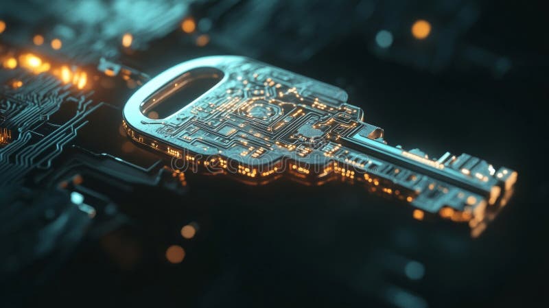 A Digital Key Rests on a Circuit Board, Glowing with Vibrant Lights ...