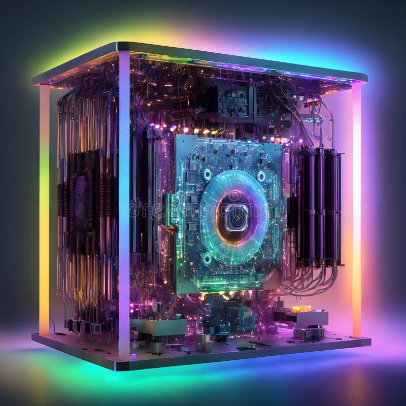 Futuristic Quantum Computer with Neon Lights Stock Illustration ...