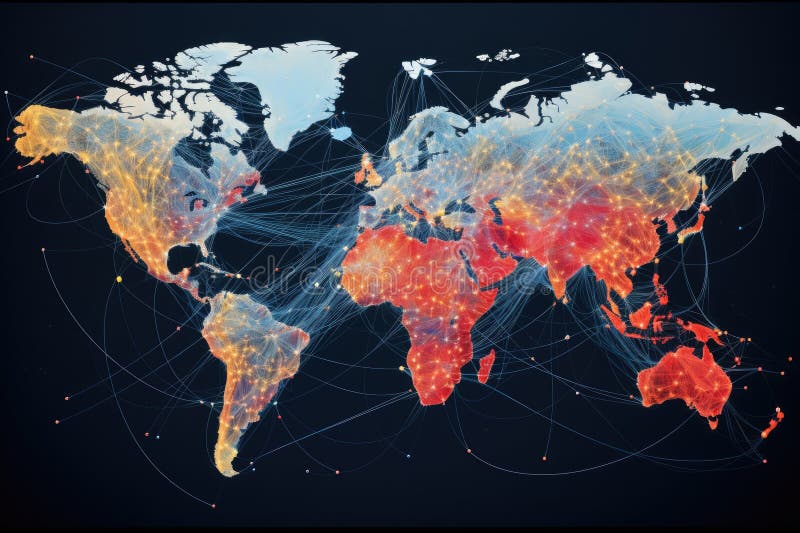 This Image Showcases a Global Map Adorned with Numerous Dots ...