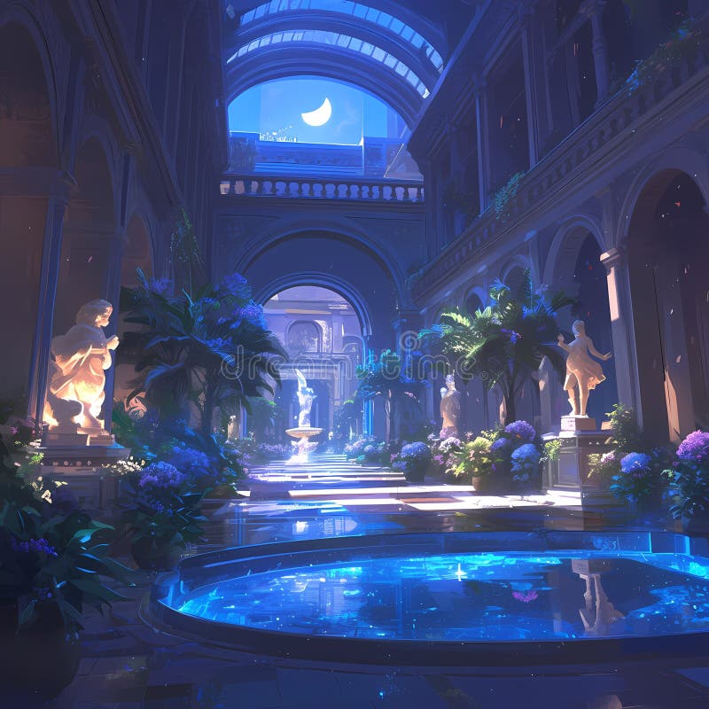 Elegant Hallway with Blue Moonlight Stock Illustration - Illustration ...