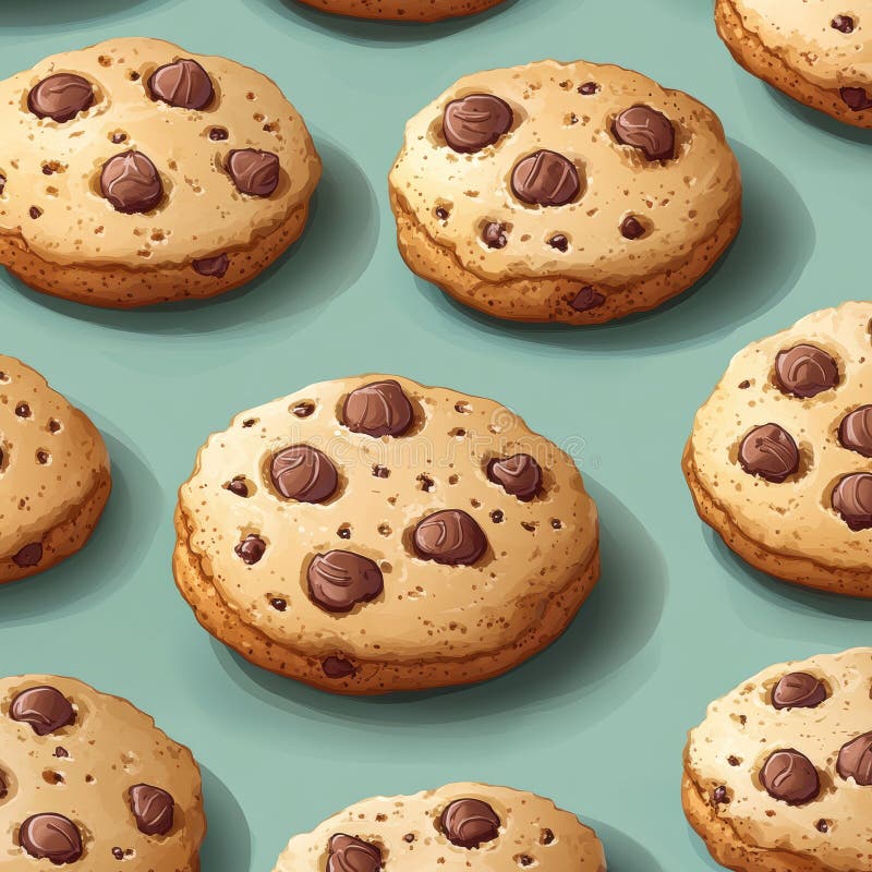 Image Showcases a Grid of 12 Chocolate Chip Cookies on a Light Blue ...