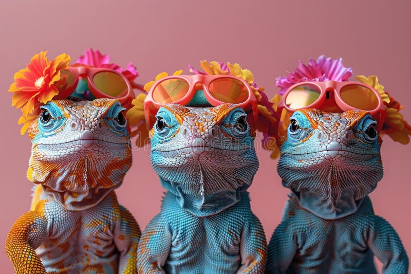 Vibrant Collared Lizard Group in Fashionable Outfits, Isolated on Solid ...