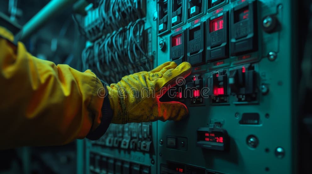 A Hand in a Bright Yellow Glove Navigates Complex Control Panels Filled ...
