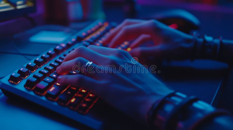 A Close Up of Hands Typing on a Brightly Illuminated Keyboard in a Dark ...