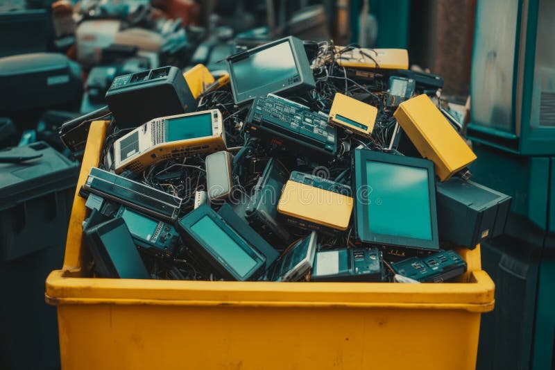 A Pile of Discarded Electronics Fills a Bright Yellow Container. Old ...