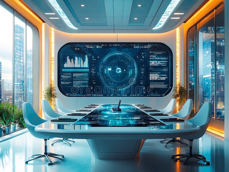 The Image Showcases a High-tech Command Center, Featuring a Sleek Desk ...