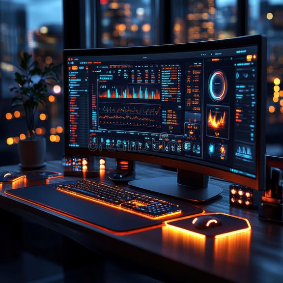 Image Showcases a High-tech Computer Workstation with Neon Lighting ...
