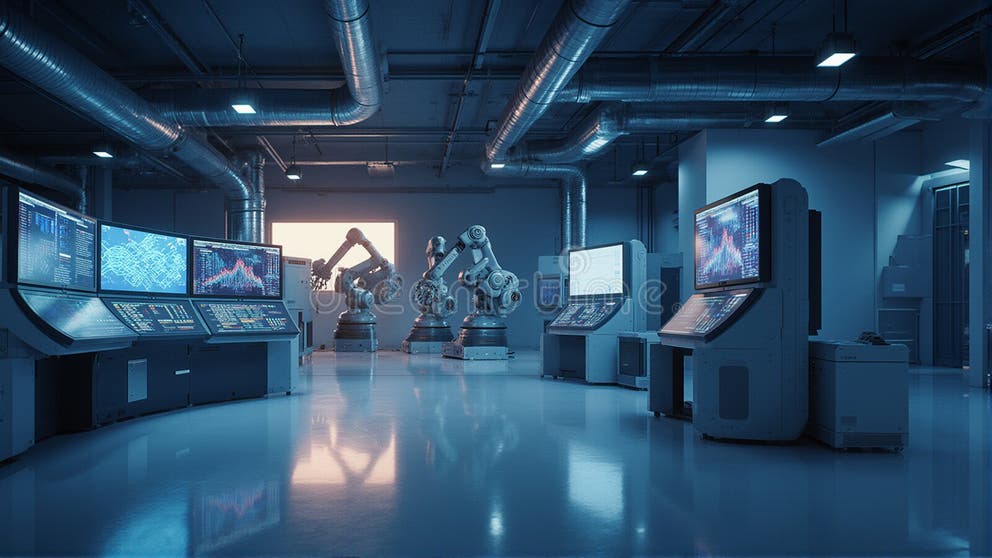 Advanced Control Room with Futuristic Robots Stock Illustration - Illustration of systems ...