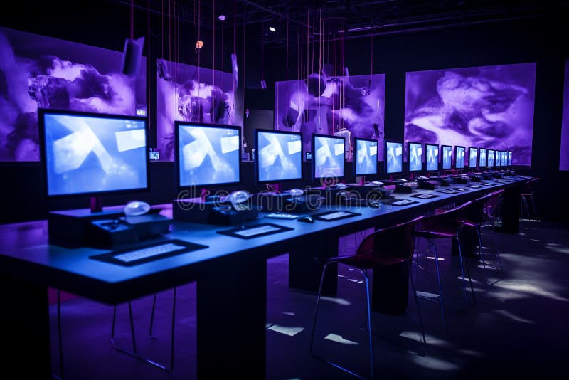 Purple Tech Room with Multiple Monitors and Laptops Stock Image - Image ...