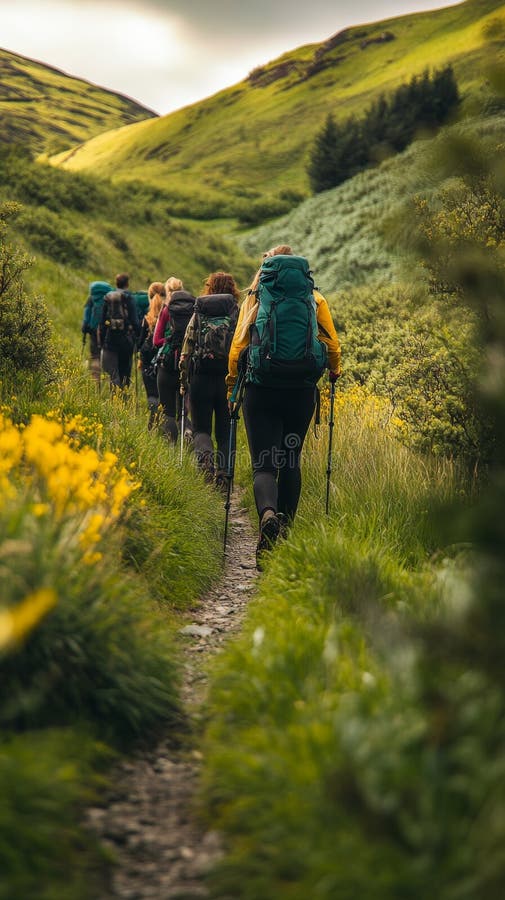 A Group of Hikers Traverses a Beautiful Green Trail Surrounded by Lush ...