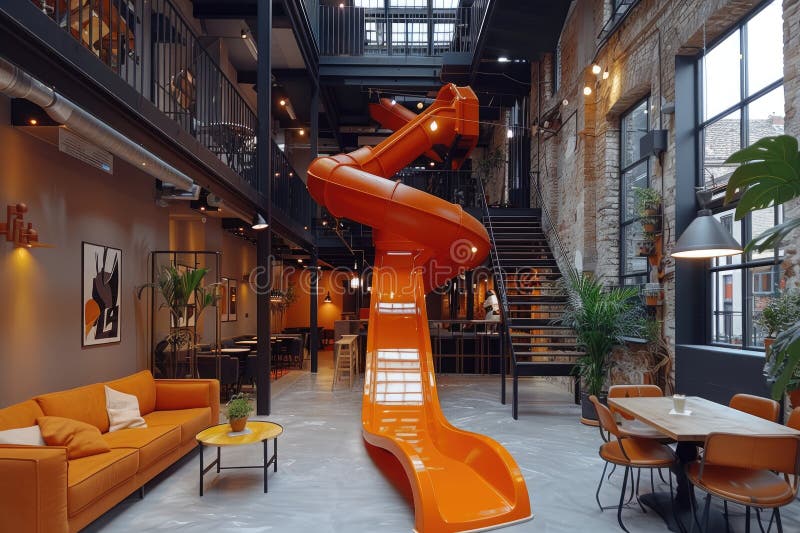 Orange Spiral Slide in Modern Loft Interior Design Stock Illustration ...