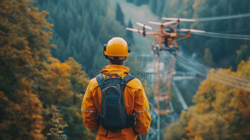 A Worker in an Orange Jacket and Helmet Observes a Drone Above the Tree ...