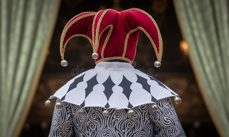 Detailed Jester Costume with Red Hat Gold Trim and Decorative White ...