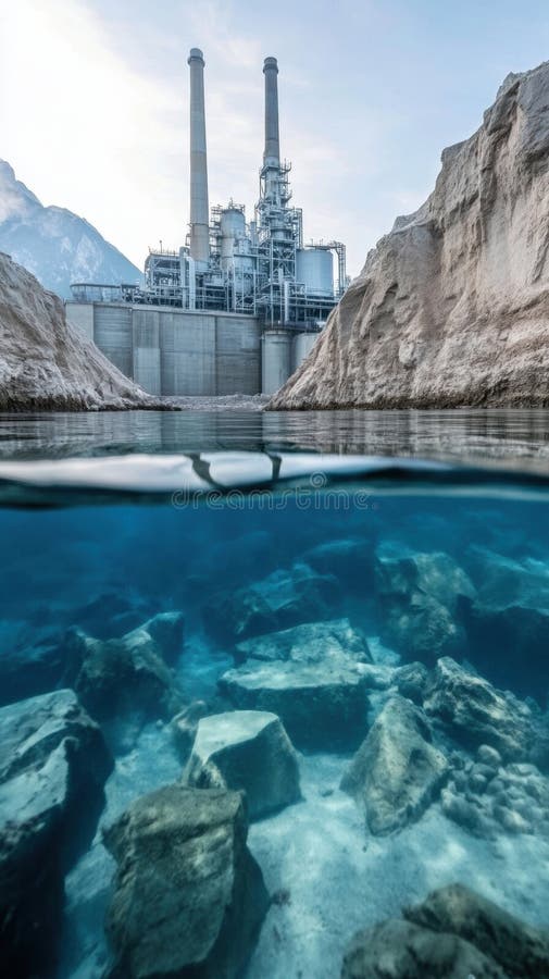 Power Plant Towers Over a Serene, Clear Water Body with Rocky ... Power Plant Towers Over a Serene, Clear Water Body with Rocky ...