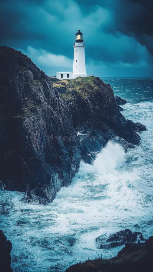 A Solitary Lighthouse Stands Tall Against the Crashing Waves. Its Light ...