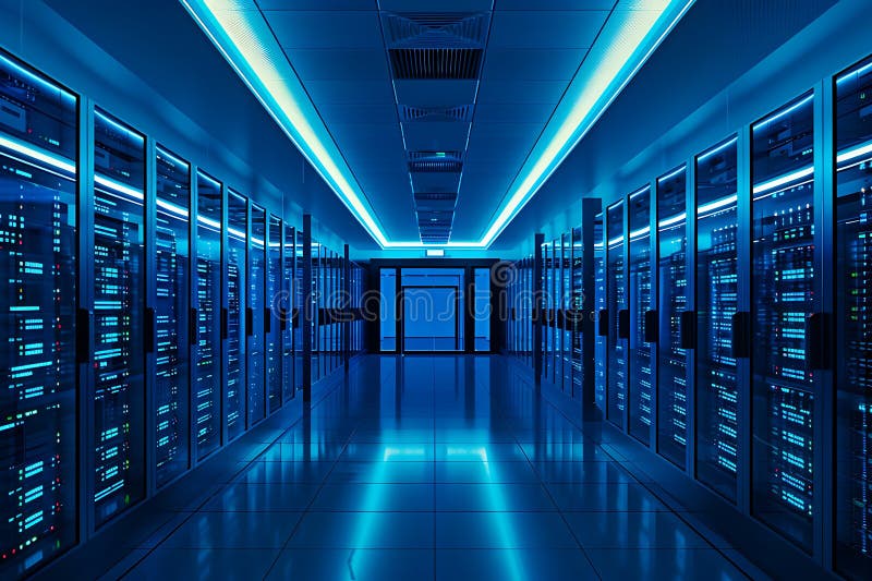 Modern Data Center Server Room with Blue Lighting Stock Illustration ...