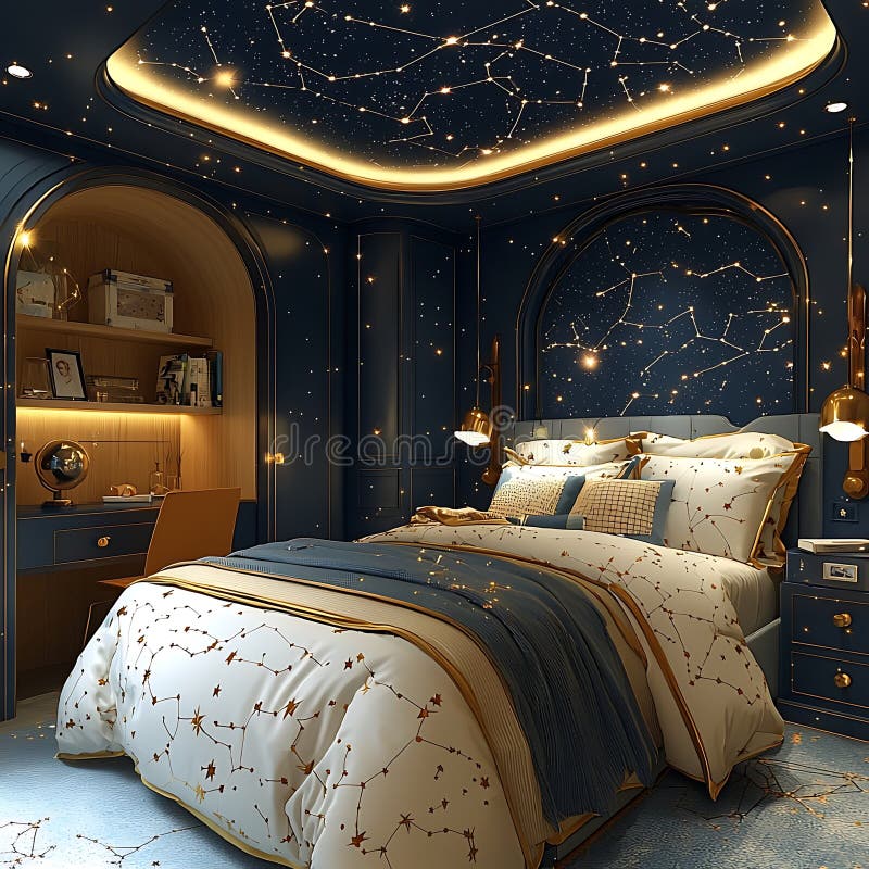 Celestial Bedroom Interior Design with a Starry Night Ceiling and ...