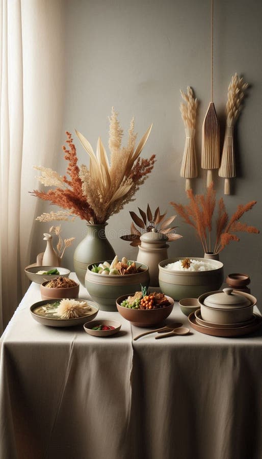 Luxurious Dining Table with Muted Green Ceramic Tableware, Neutral ...