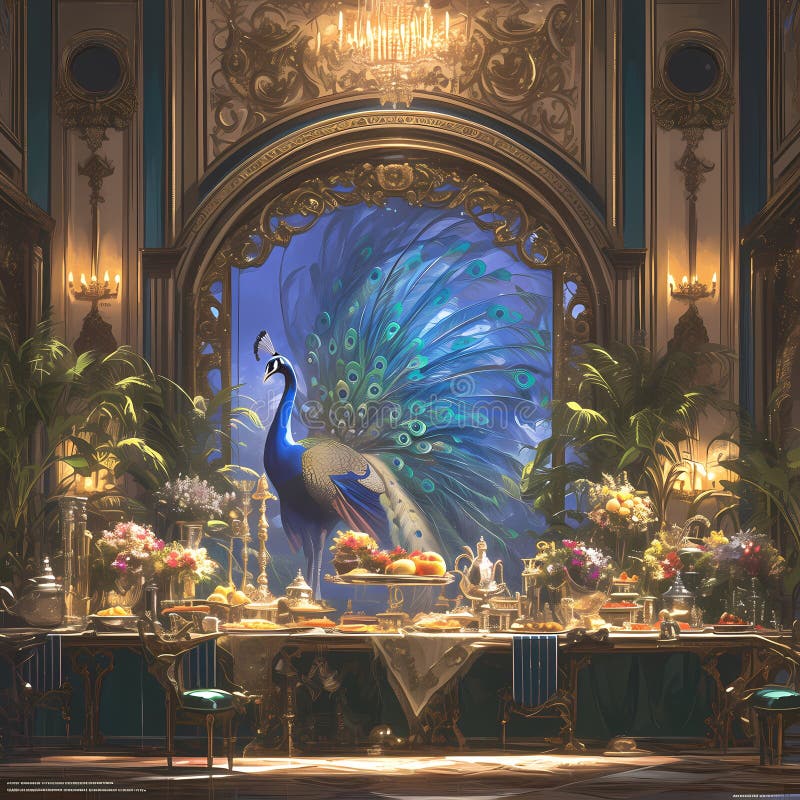 Elegant Feast Table with Peacock Mural, Royal Ambiance Stock ...