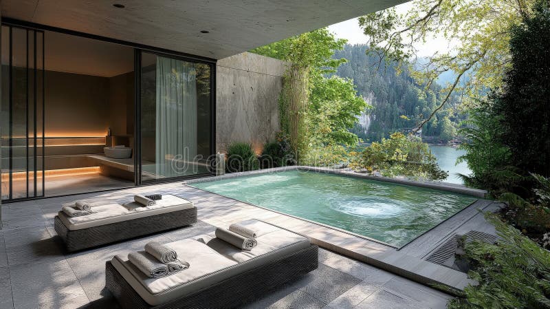 Luxury Outdoor Pool and Sauna with Stunning Lake View Stock Illustration - Illustration of view ...