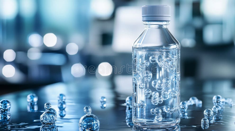 Magnetized Water Bottle with Structured Molecules in Clear Background ...