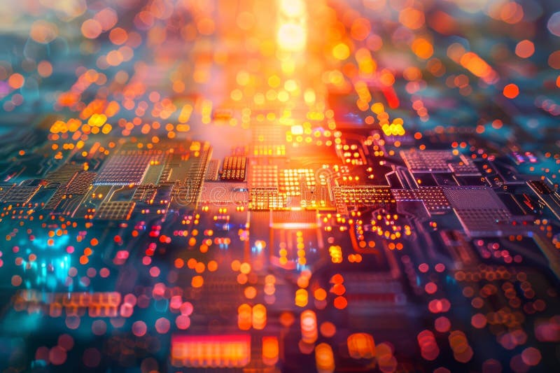 Close-up of a Vibrant Microchip Circuit with Glowing Lights Stock Photo ...