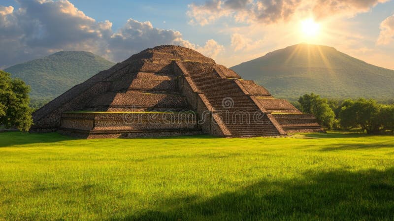 Ancient Pyramid Surrounded by Lush Green Landscape and Mountain View ...