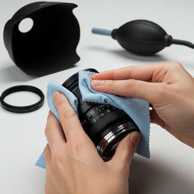 Hands Cleaning a Camera Lens with a Microfiber Cloth and Blower Stock ...