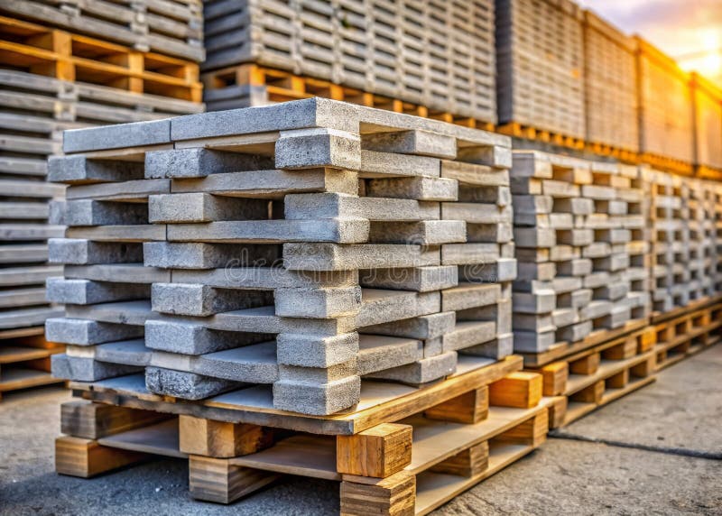 Gray Concrete Modules Stacked on Wooden Pallets at a Construction Site ...
