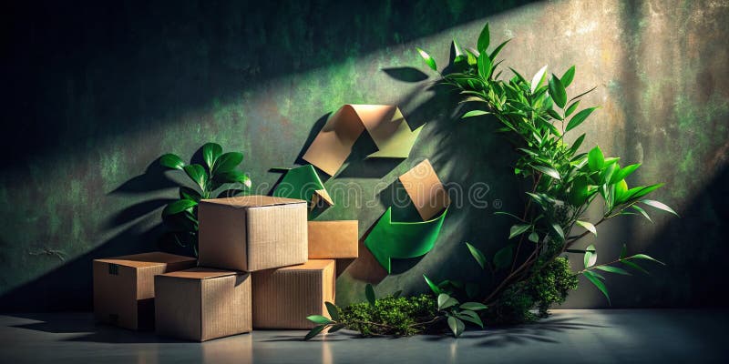 EcoFriendly Recycling in Low Light Cardboard and Leaves Champion a ...