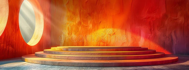 Vibrant Orange Minimalist Stage Design with Spherical Backdrop and ...