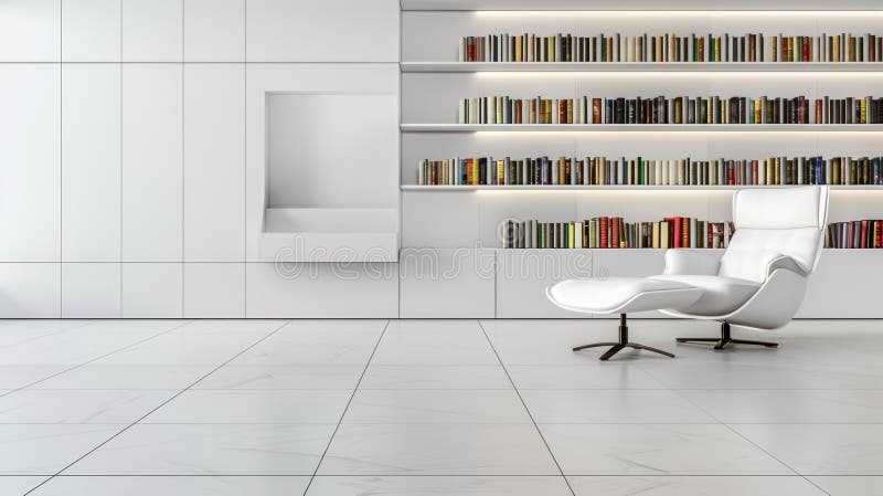 Minimalist Workspace: White Library Interior with Bookshelf and Desk ...