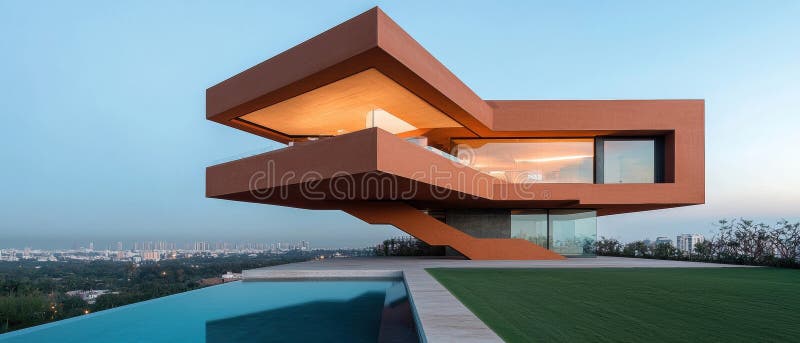 A Modern House with a Red Exterior and Glass Windows Overlooking a City ...