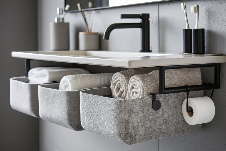 Modern Bathroom with Open Storage System and Clean Design Stock Image ...