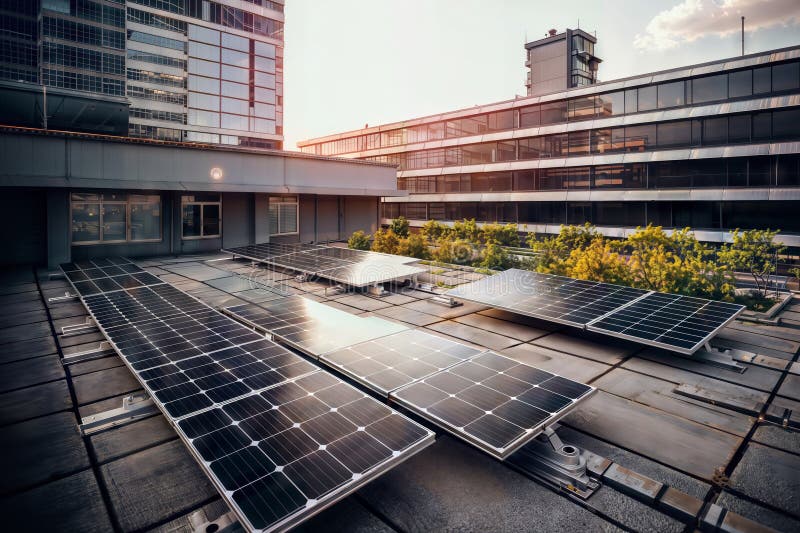 Modern Rooftop with Sleek Solar Panels and Sun Reflection, Generative ...