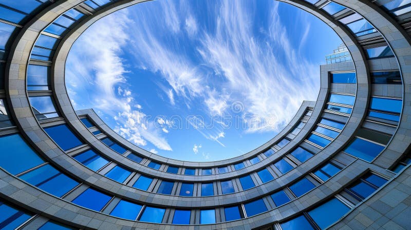 Modern Circular Building with Glass Windows Under a Blue Sky. Beautiful ...