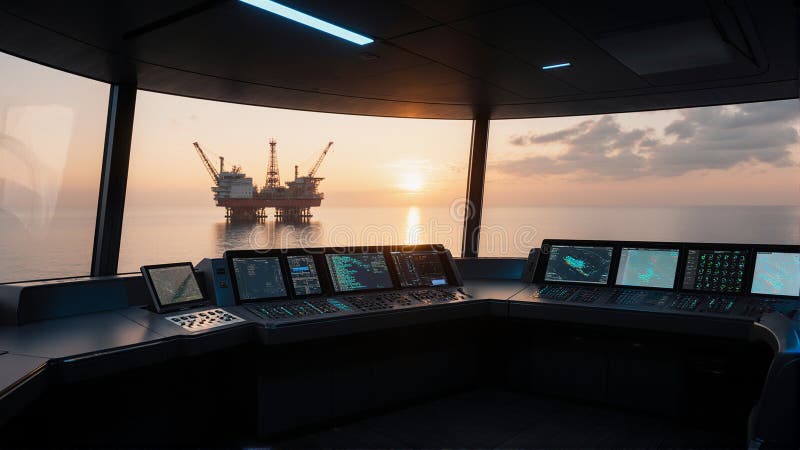 Control Room View of Offshore Oil Platform at Sunset Stock Illustration ...