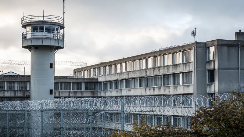 Modern Correctional Facility with Security Tower and Barbed Wire Stock ...