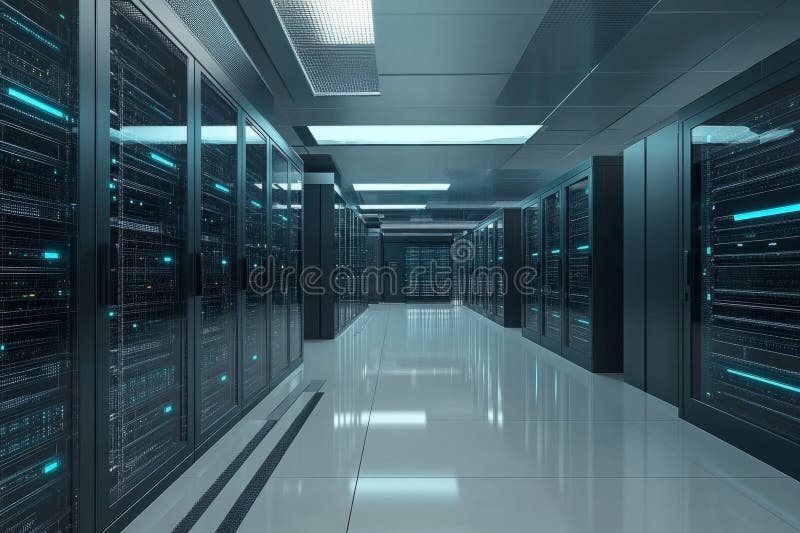 Futuristic Data Center Hallway with Sleek Technology. Bright Lights ...